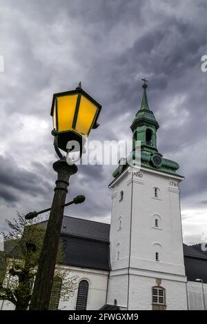 Nykirken white stone parish church in the port area of Nordnes in ...