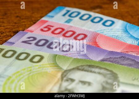 Currency of Chile. Various paper banknotes. Business and financial ...