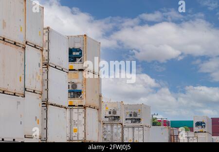 Container logistic. Reefer for shipping frozen food. Refrigerated ...