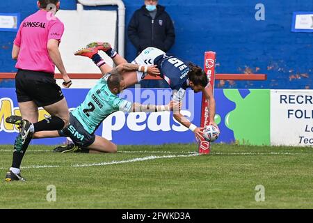 Liam Kay (5) of Wakefield Trinity goes over for a try in, on 5/23/2021 ...