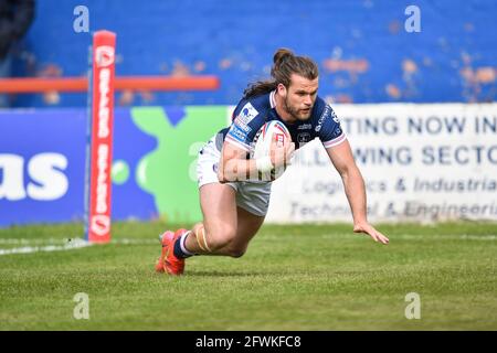 Liam Kay (5) of Wakefield Trinity goes over for a try in, on 5/23/2021 ...
