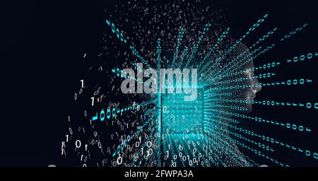 Composition of exploding human bust with binary coding over scopes scanning Stock Photo - Alamy