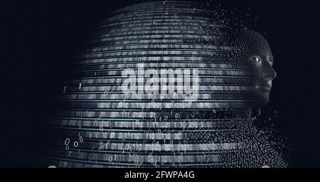 Composition of exploding human bust with binary coding over scopes scanning Stock Photo - Alamy