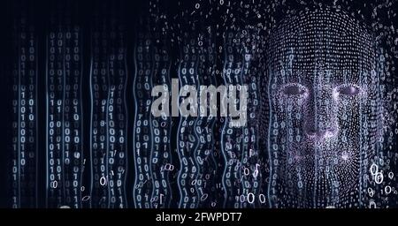 Composition of human face formed with binary coding on black background ...