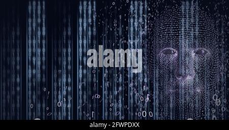Composition of human face formed with binary coding on black background ...