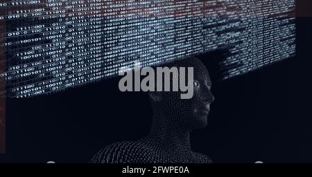 Composition of human digital bust with binary coding processing and globe over scopes scanning ...