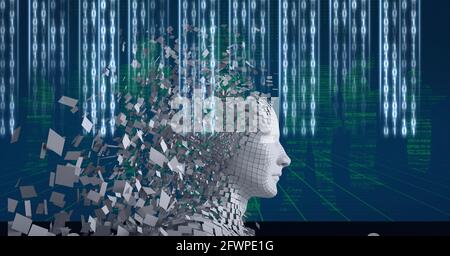 Composition of binary coding and exploding human bust Stock Photo - Alamy
