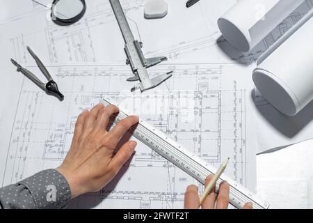 The hands architect draw a sketch of a design project with a pencil ...