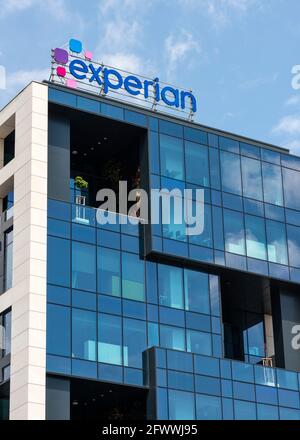 Experian logo and sign on the Space Tower glass office building in ...