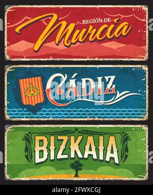 Spain Murcia, retro metal plate and tin sign, vector city entry signage ...