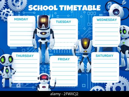 Education timetable schedule cartoon robots and droids vector template ...