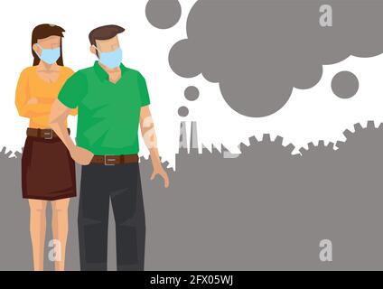 Couple wearing face mask because of air pollution in the city. Air ...