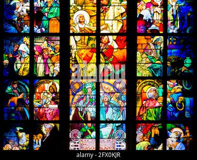 Detail of the stained-glass window by Alfons Mucha in St Vitus ...
