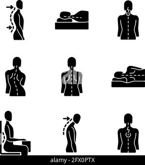 Back and posture problems black glyph icons set on white space Stock ...