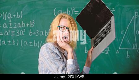 Teacher shocked face keep working after classes. Teacher woman sit ...