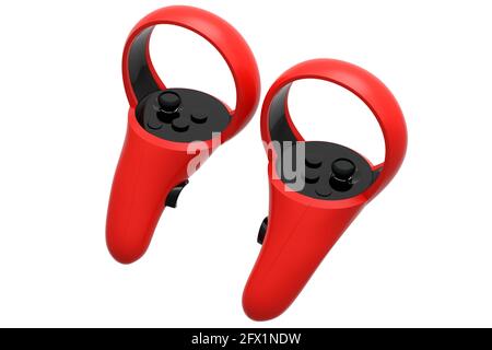 Virtual reality red controllers for online and cloud gaming on black background. 3D rendering of ...