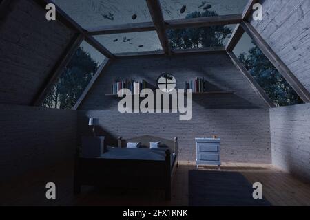 Log cabin bedroom in dark and beige tones. Double bed with blanket and ...