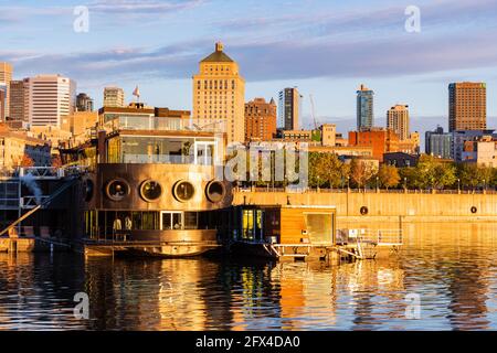 View of the Bota bota spa-sur-l'eau, a floating spa, located on a ship ...