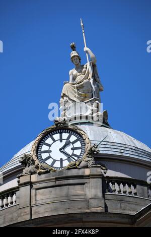Liverpool Town Hall building with the statue of Roman goddess Minerva ...
