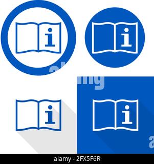 Refer to instruction manual sign. Vector illustration of circular blue sign with upper human ...