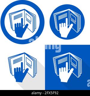 Refer to instruction manual sign. Vector illustration of circular blue sign with upper human ...