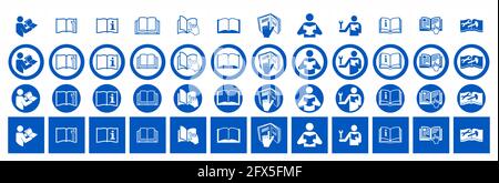 Set of Refer to instruction manual signs. Vector illustration of circular blue signs with hand ...