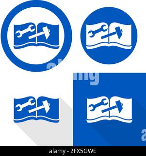 Refer to instruction manual sign. Vector illustration of circular blue sign with hand points to ...