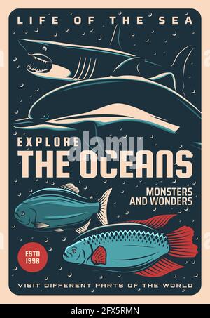 Oceanarium undersea world retro poster, aquarium and marine life zoo ...