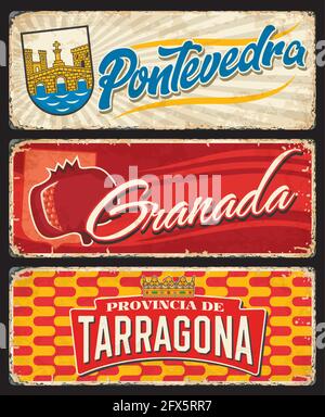 Spain Pontevedra tin sign retro travel plate, vector. Spanish city ...
