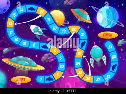 Kids board game with ufo saucers in space vector template. Step boardgame with block path ...