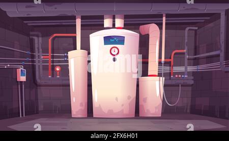 Boiler room, hvac with water heater, pipes and sensors on wall. Modern ...