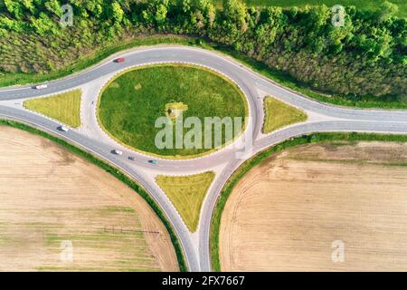 Circle crossroad among fields in countryside, aerial view ...