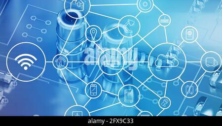 Composition of network of digital icons over computer circuit board ...