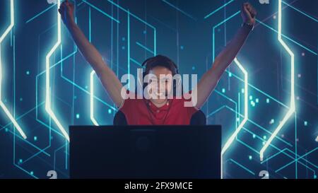 Victory in the cyber game. Portrait of a man who won Stock Photo - Alamy