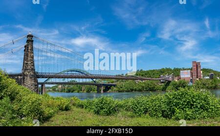 Wheeling, WV - May 18, 2021: Plaque on old suspension bridge carrying ...