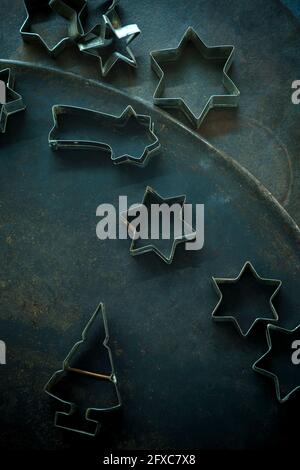 Group of 4 cookie cutters on a sheet of sugar cookie dough: heart, star ...