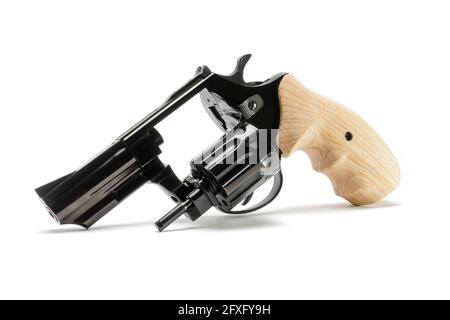 Short-barreled revolver with wooden handle isolated Stock Photo - Alamy