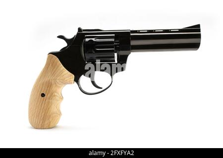 long-barreled revolver with a wooden handle isolated Stock Photo - Alamy