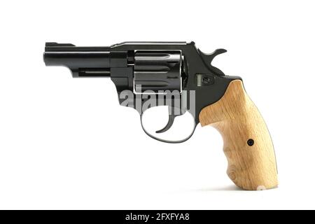Short-barreled revolver with wooden handle isolated Stock Photo - Alamy