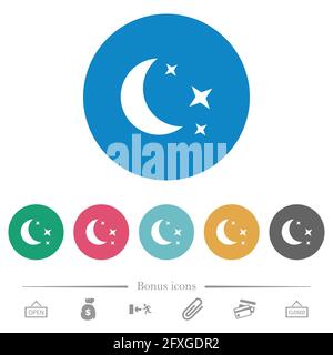 Moonlit night flat white icons on round color backgrounds Stock Vector ...