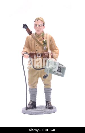 Man soldier radio operator of the Soviet army in old military uniform ...