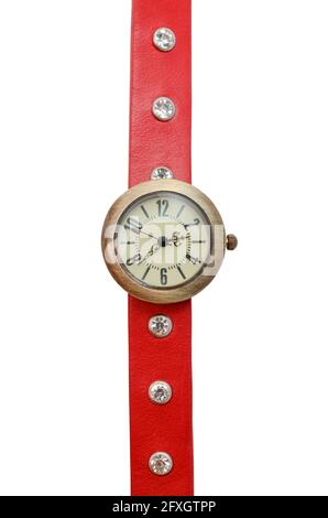 Wrist watch with red strap isolated on white Stock Photo - Alamy