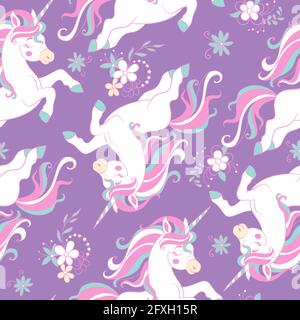 Seamless pattern with dreaming unicorns and flowers on pink background ...