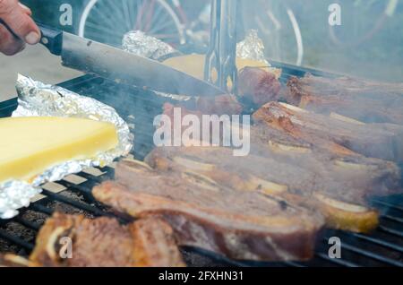 Closeup shot of provolone cheese and meat cooking on the grill at a ...