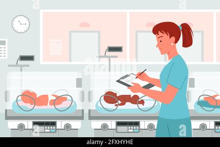 Cartoon doctor neonatologist at newborn baby background. Hospital ward ...