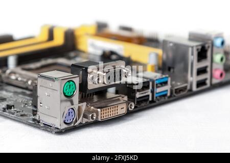 motherboard connectors on the back of the computer close up Stock Photo ...