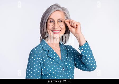 Photo of cheerful smart person beaming smile point finger brilliant ...