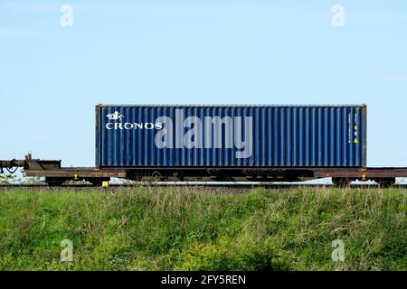 Cronos shipping container on a freightliner train, Warwickshire, UK ...