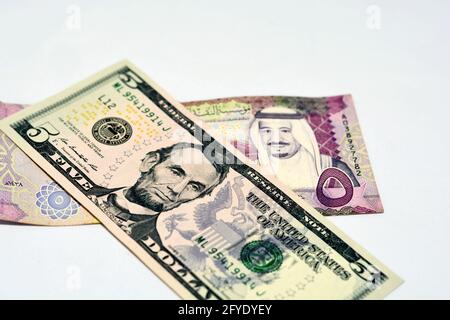 Saudi Arabia 5 SAR five Saudi riyals cash money banknote with the photo ...