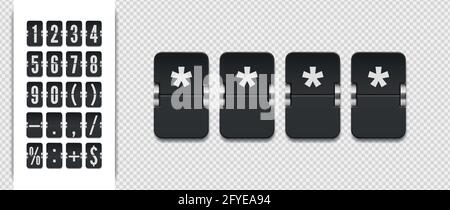 Flip number and symbol scoreboard with reflections on transparent background. Analog black ...